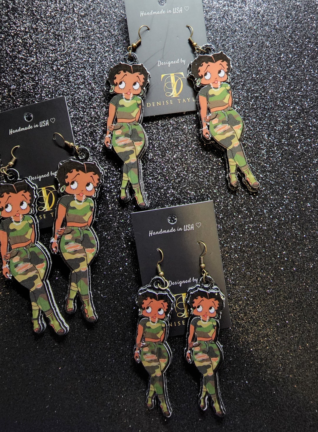 Handmade Betty Boop Camouflage| Dangle & Drop Earrings| Vintage Cartoon ...