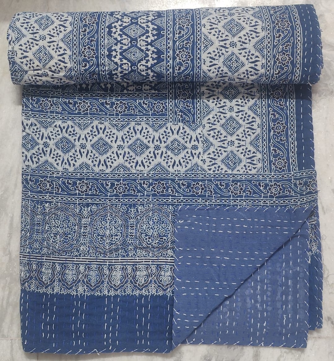 Hand Block Ajrak Kantha Quilt Cotton Handmade Blanket Kantha Bed Cover Indian Bedding Bedspread ...