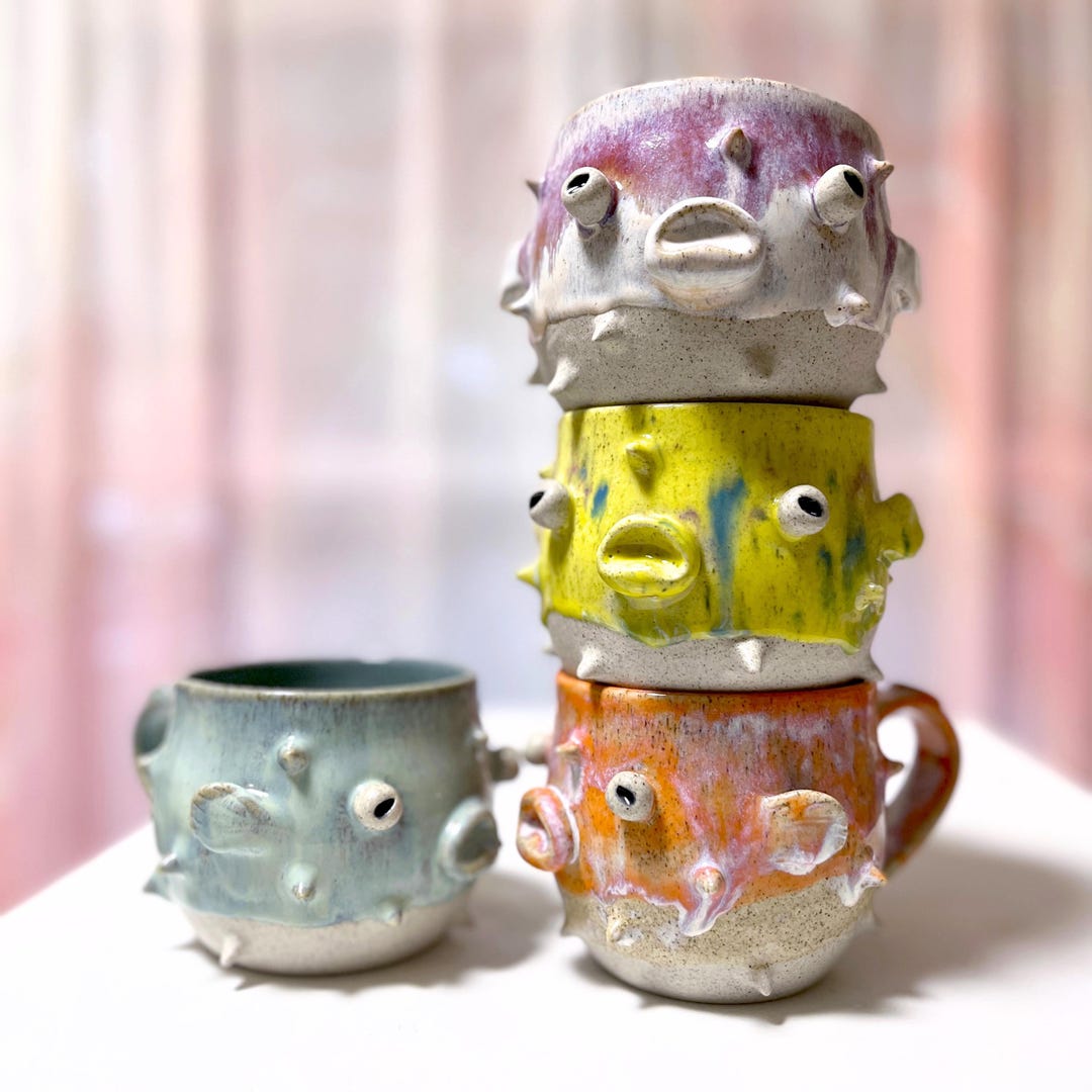 Pufferfish Mug W/ Handle. Handmade Ceramic Cup. Funny Face Fish Art ...