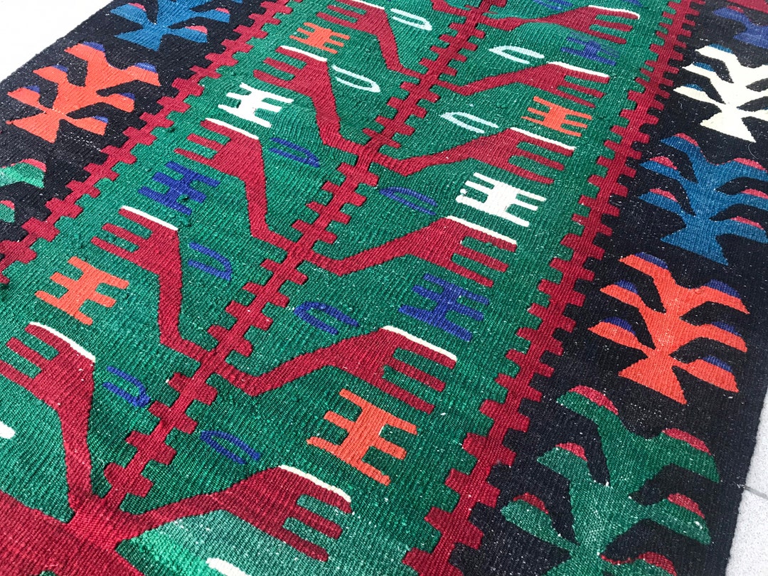 Green Kilim Rug 3x4 Ethnic Anatolian Kilim Aztec Pattern Multicolor ...