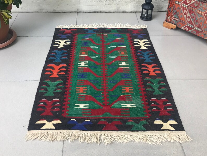 Green Kilim Rug 3x4 Ethnic Anatolian Kilim Aztec Pattern Multicolor ...