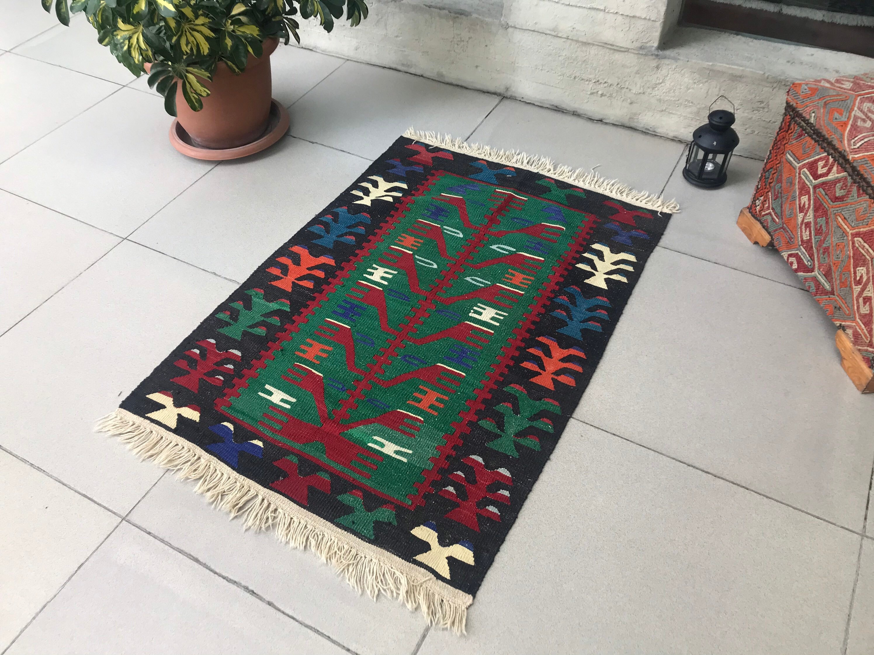 Green Kilim Rug 3x4 Ethnic Anatolian Kilim Aztec Pattern Multicolor ...