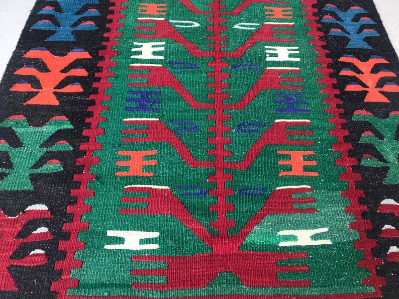 Green Kilim Rug 3x4 Ethnic Anatolian Kilim Aztec Pattern Multicolor ...