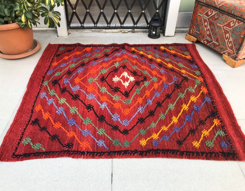 Red Tribal Kilim Rug 4x4 1940s Ethnic Sofrah Kilim Nomadic Kilim Art ...