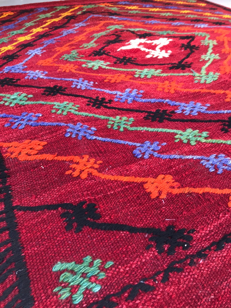 Red Tribal Kilim Rug 4x4 1940s Ethnic Sofrah Kilim Nomadic Kilim Art ...