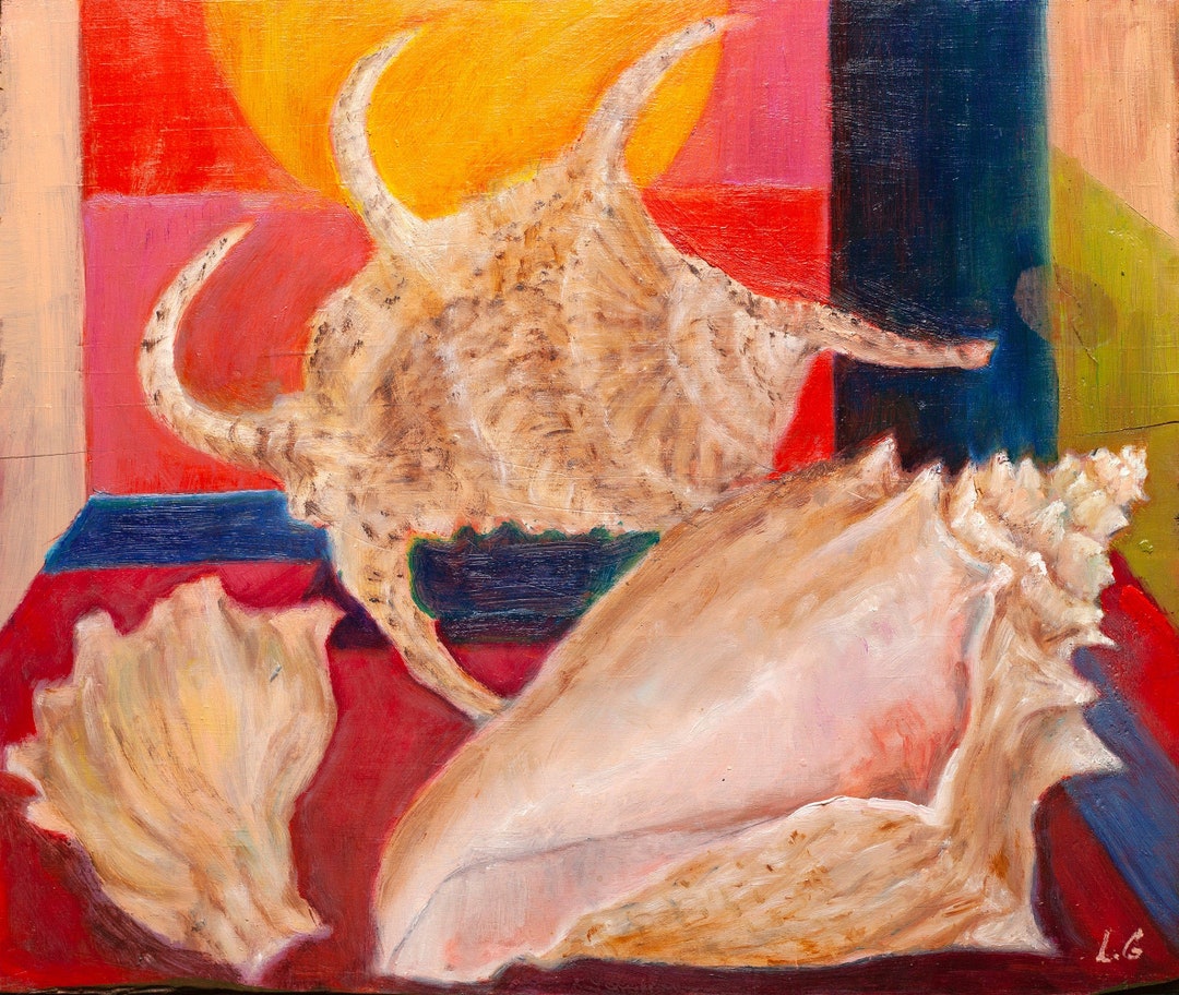 Seashells on a Red Background Still Life Original Oil Painting Wood - Etsy