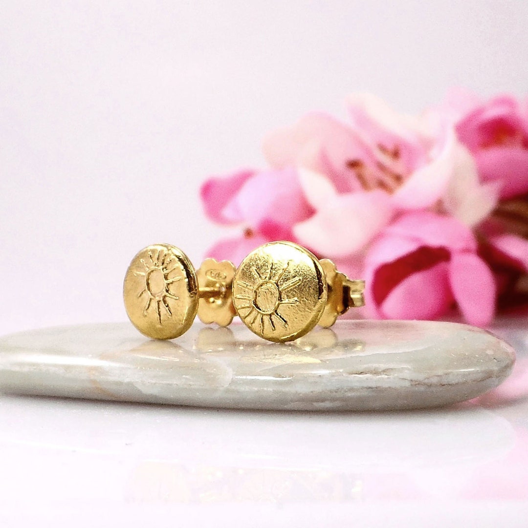 Small Gold Sun Studs, Minimalist Tribal Sun Earrings, Sterling Silver ...