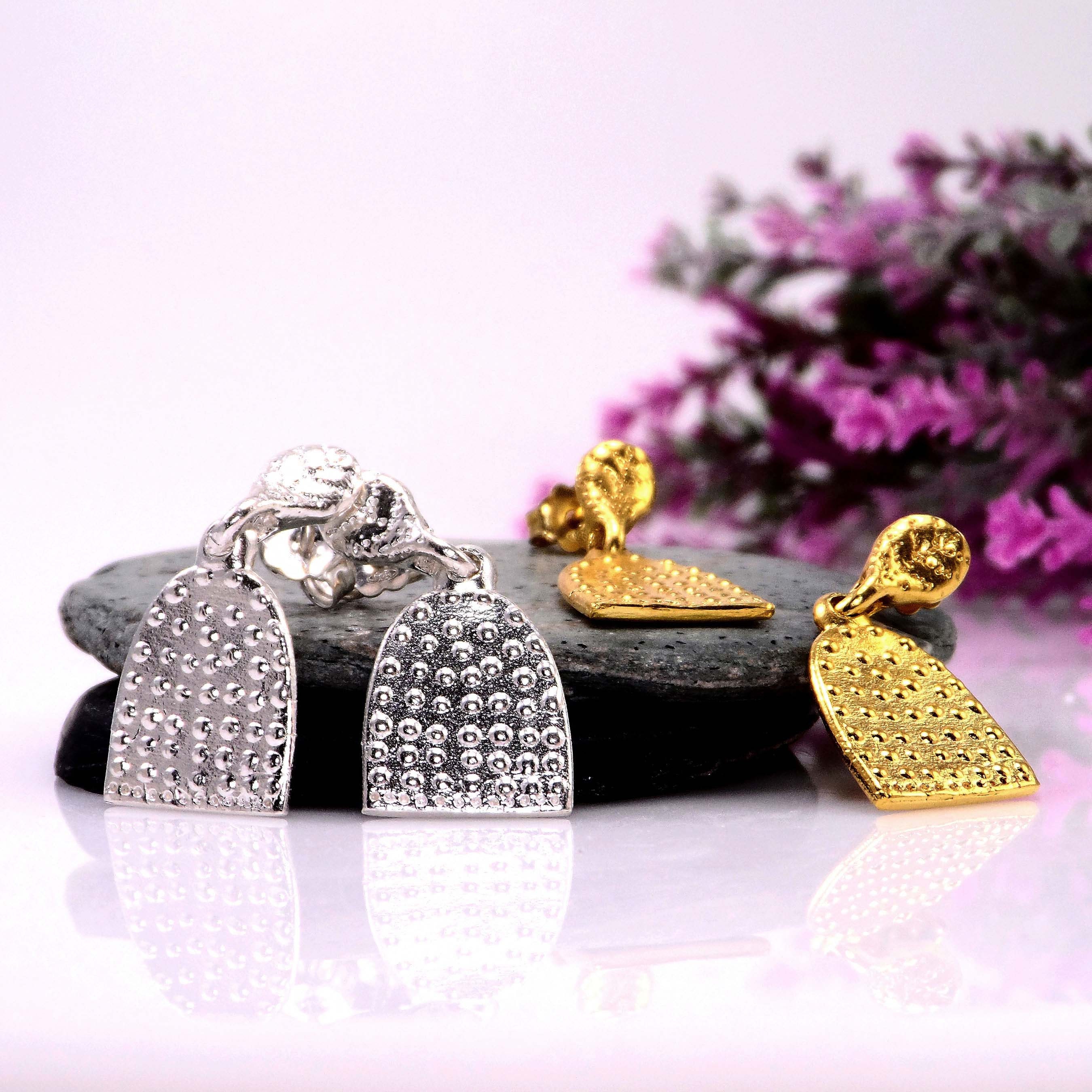 Dainty Bell Shaped Silver Dangle Earrings Dotted Dangle Posts Ethnic ...