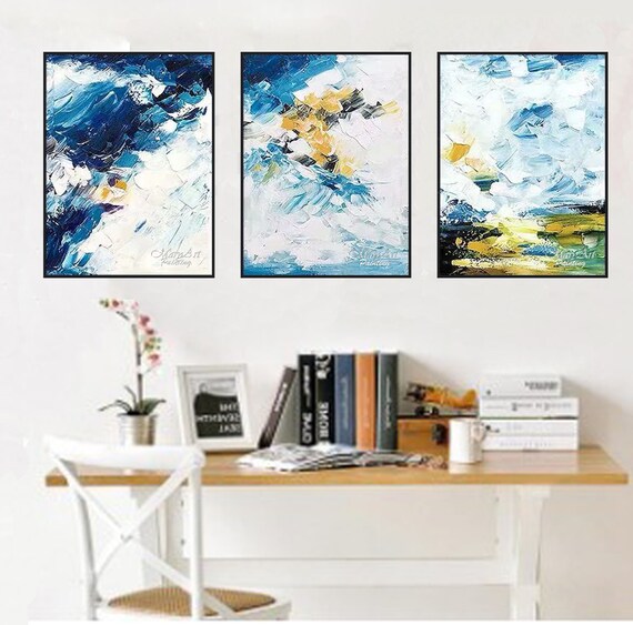 3 Panel Blue Art Abstract Original Acrylic Hand Painted on - Etsy