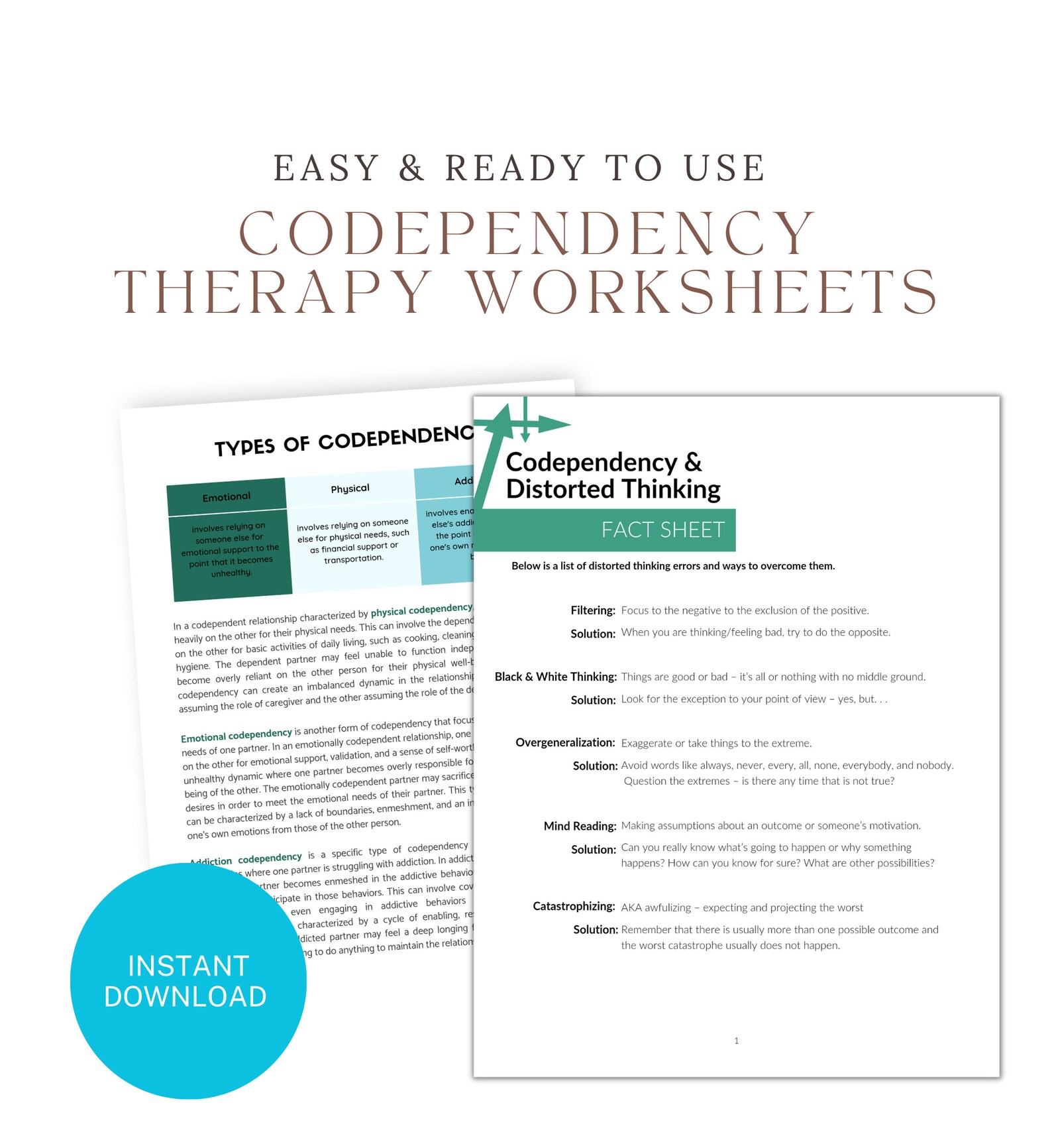 Codependency Therapy Activity Worksheets, Overcoming Codependency ...