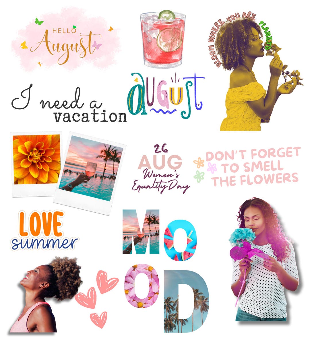 August Digital Stickers, Summer Digital Planner Stickers, Precropped ...