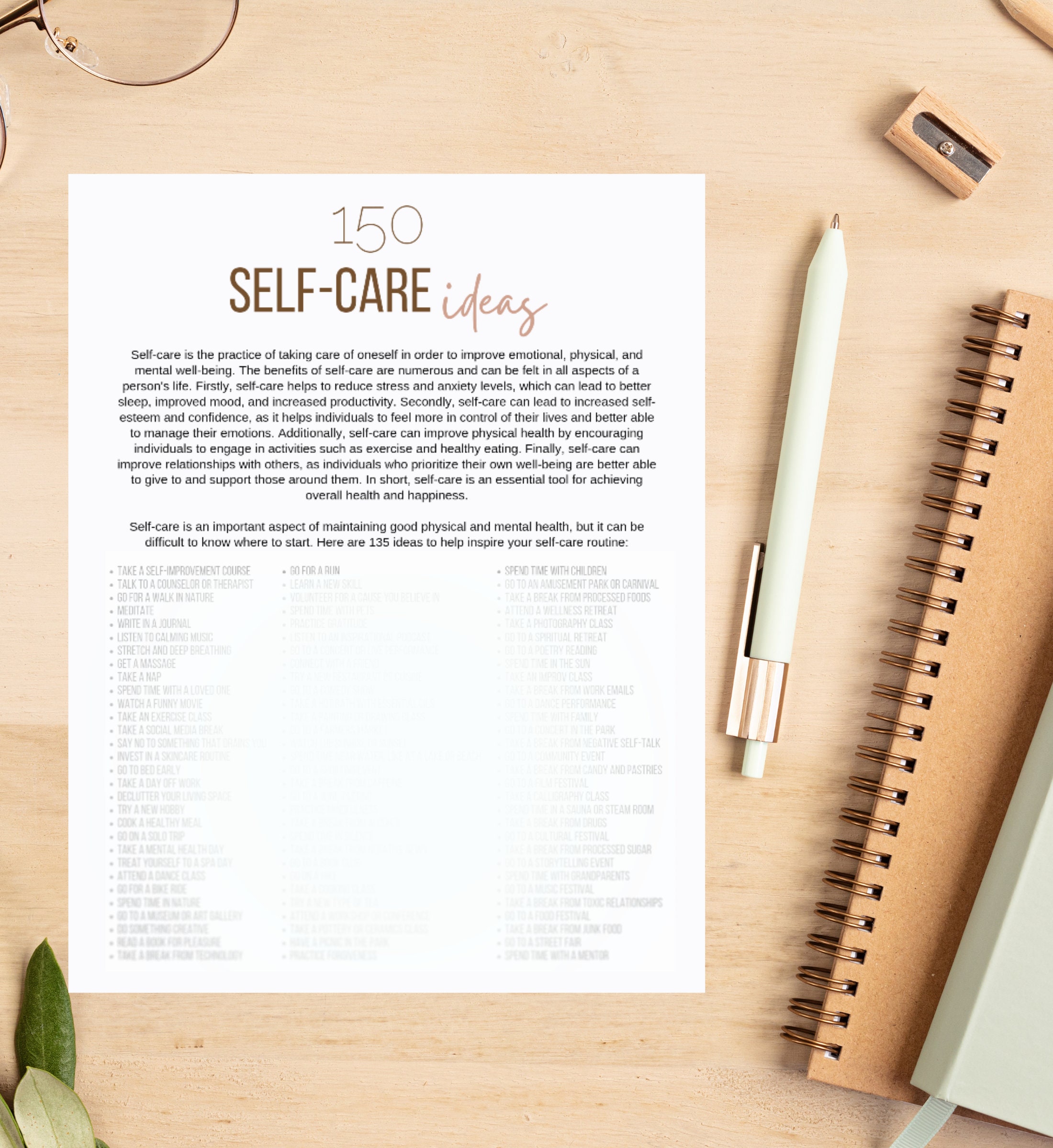 150 Self Care Ideas Journal Prompts Self Care Checklist 30 - Etsy