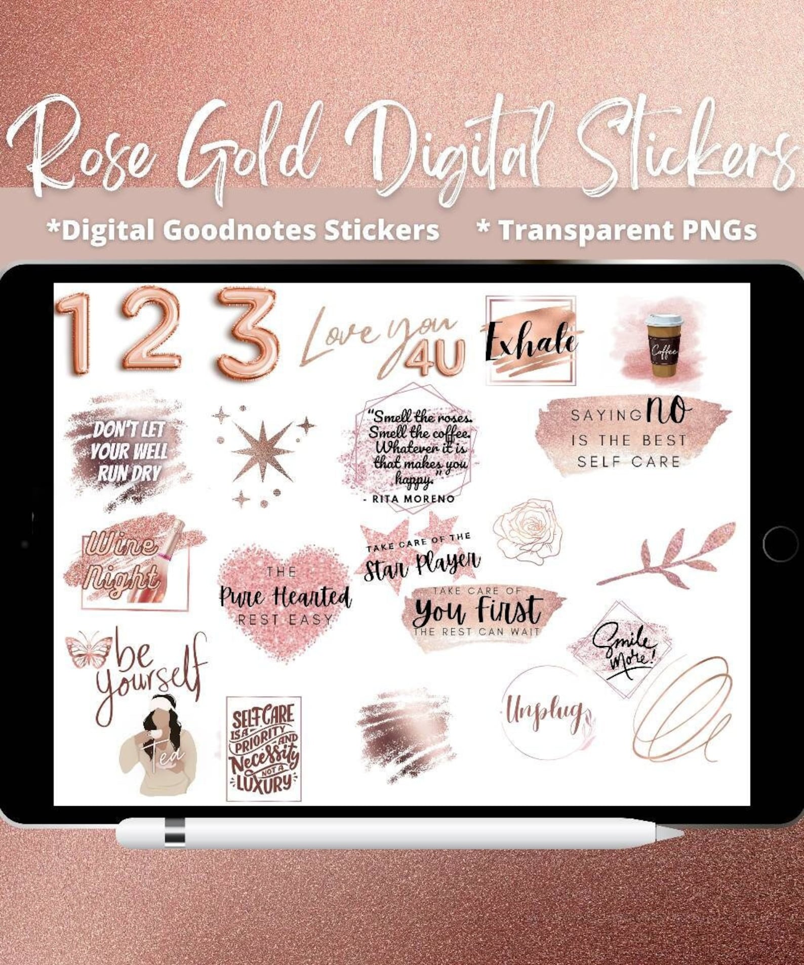 Rose Gold Stickers Rose Metallic Digital Stickers Self Care - Etsy