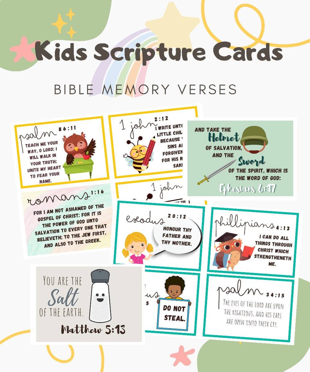 Kids Scripture Flashcards Printable, Kids Bible Cards, Kids Bible ...