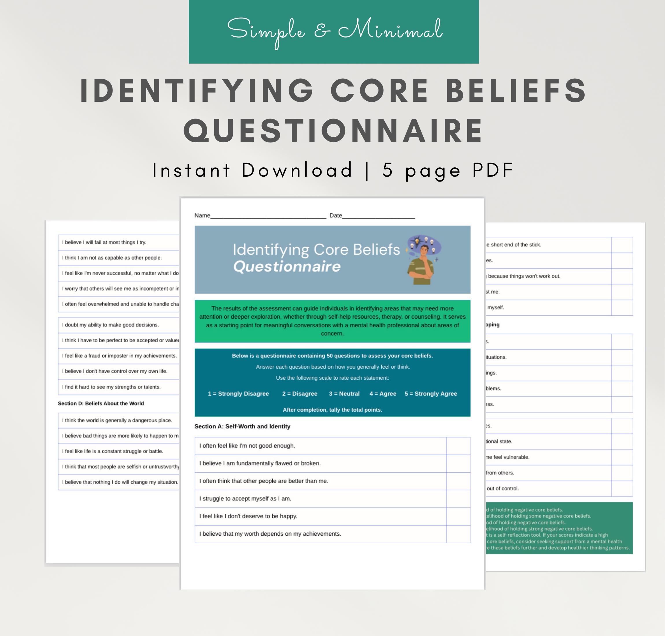 Core Beliefs Worksheet Pdf, Identifying Core Beliefs Questionnaire ...