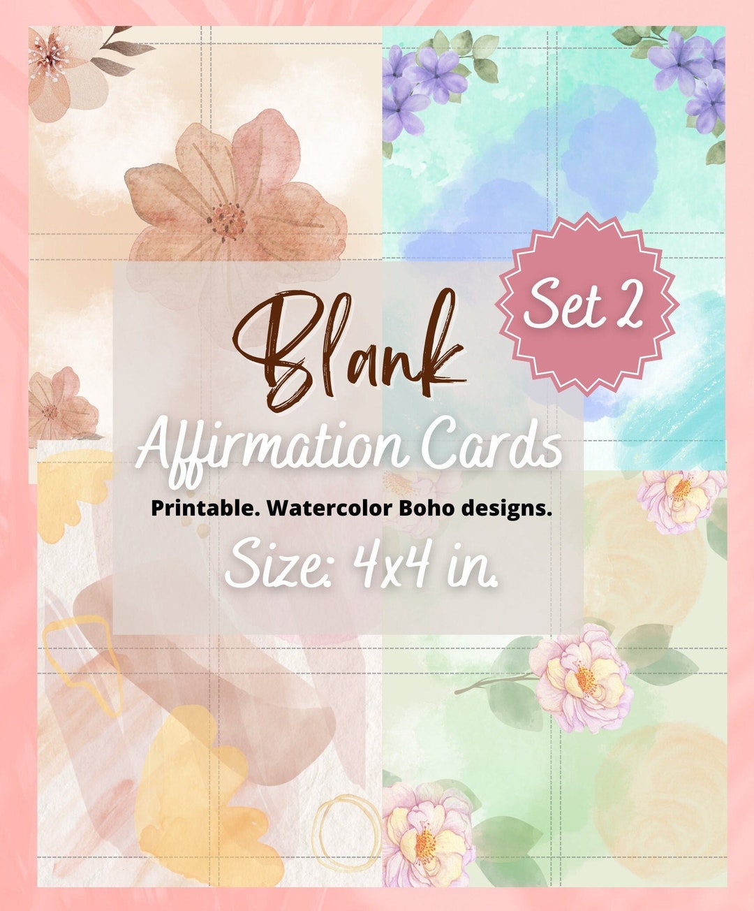 Blank Printable Boho Affirmation Card Template, Watercolor Cards, Blank ...