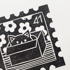 Cat in A Box Mini Linocut Print A6, Cat Retro Stamp Style, Original ...