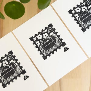 Cat in A Box Mini Linocut Print A6, Cat Retro Stamp Style, Original ...