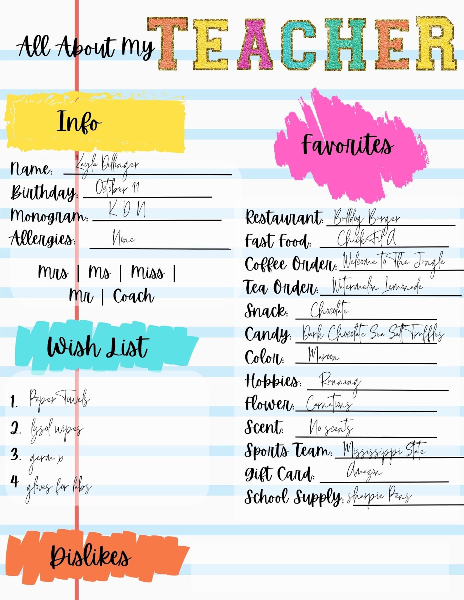 All About My Teacher Printable for Back to School, Get to Know Your ...