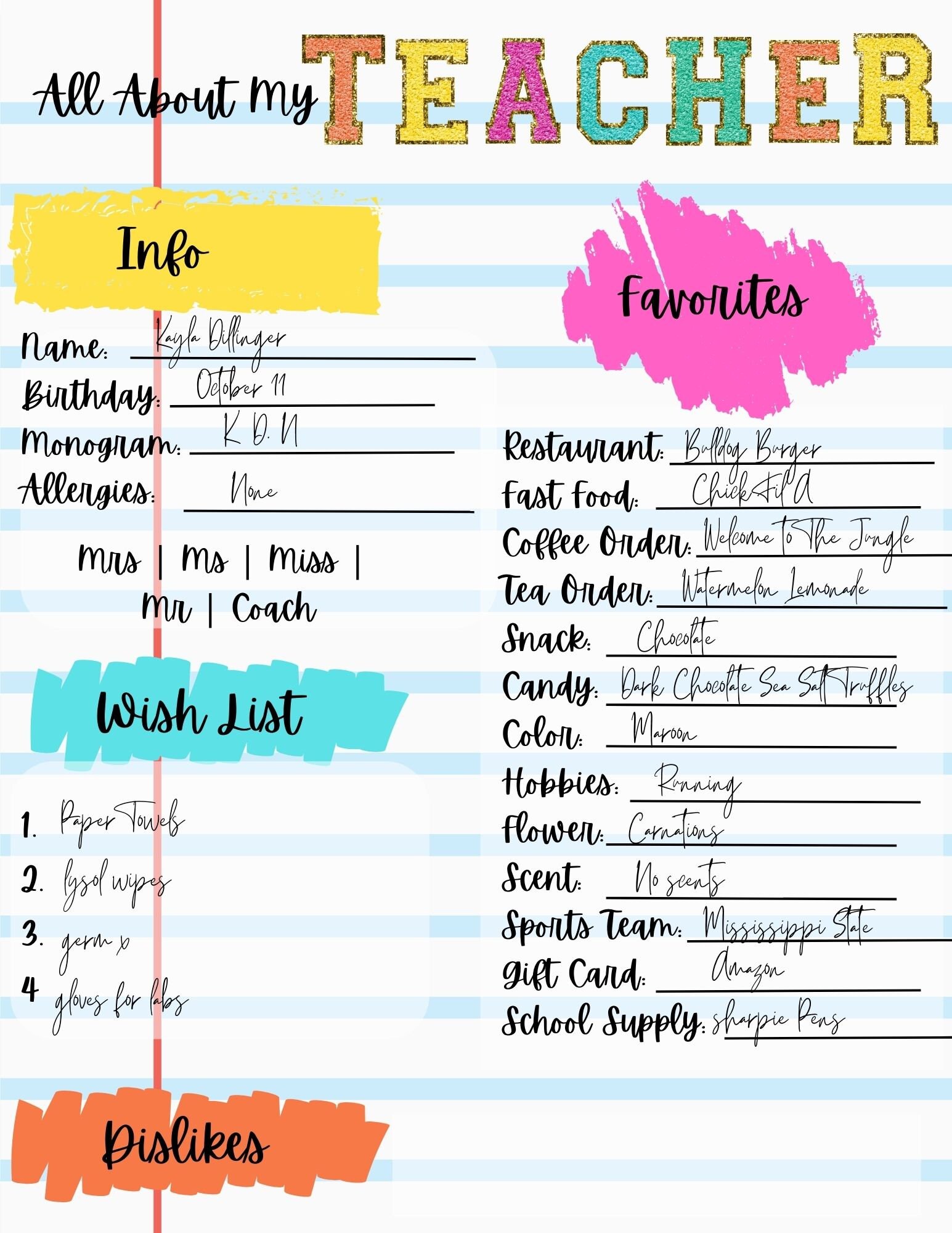 All About My Teacher Printable for Back to School, Get to Know Your ...