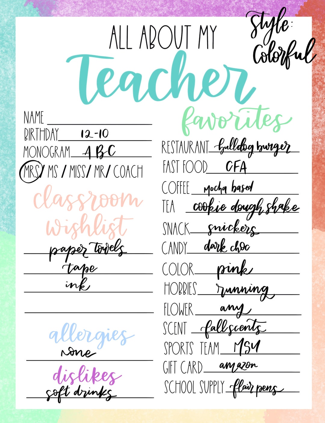 All About My Teacher, Colorful Teacher Infographic Sheet, First Day of ...