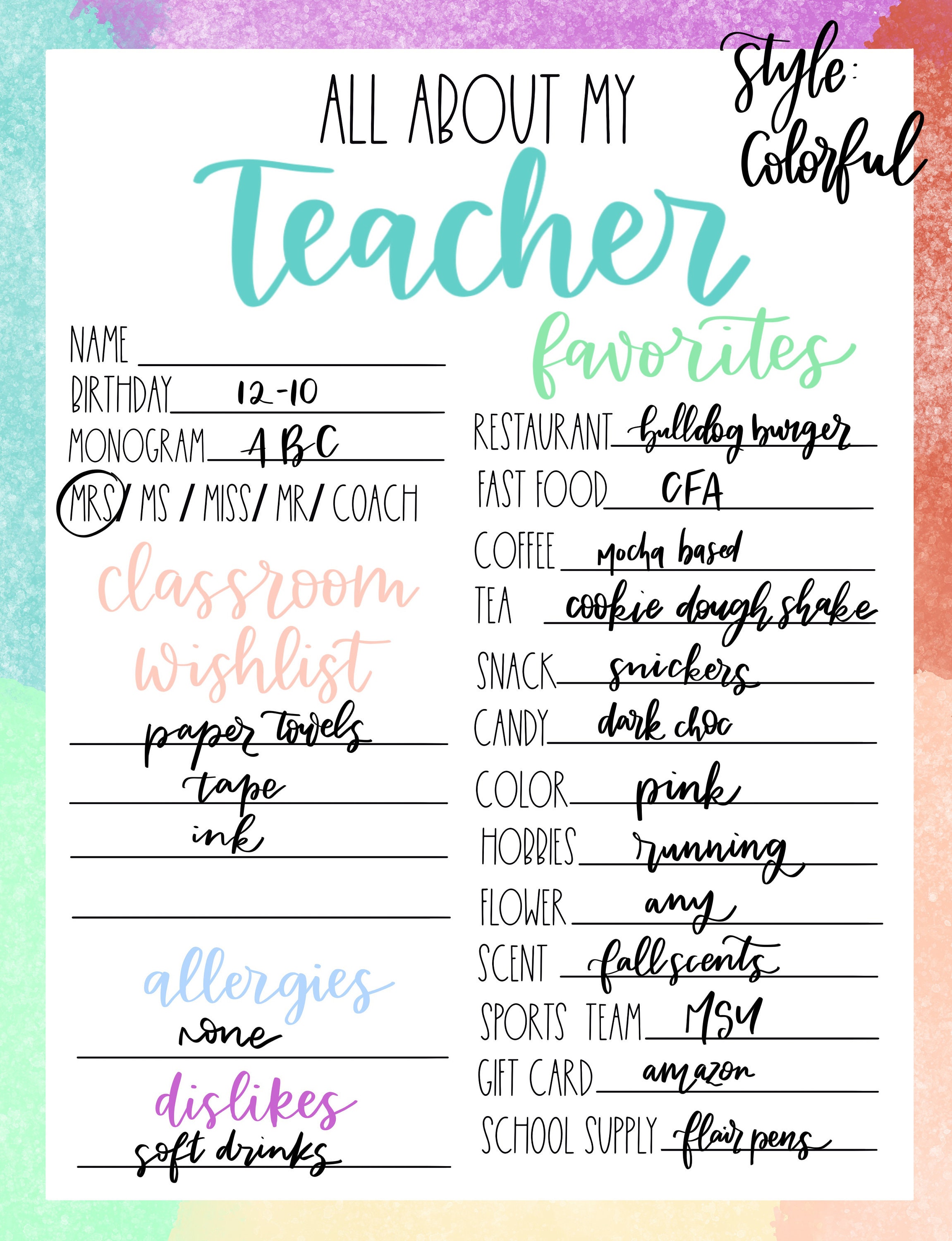 All About My Teacher, Colorful Teacher Infographic Sheet, First Day of ...