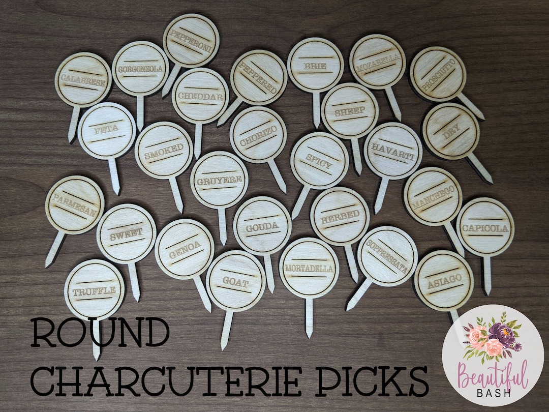 Round Simple Wooden Charcuterie Picks Laser Engraved Meat & Cheese ...