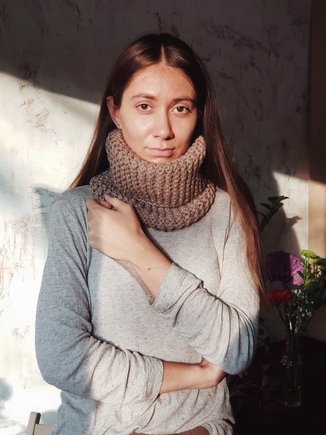 Chunky Knit Snood, Women Knit Snood, Beige Knit Snood, Cable Knit Scarf ...