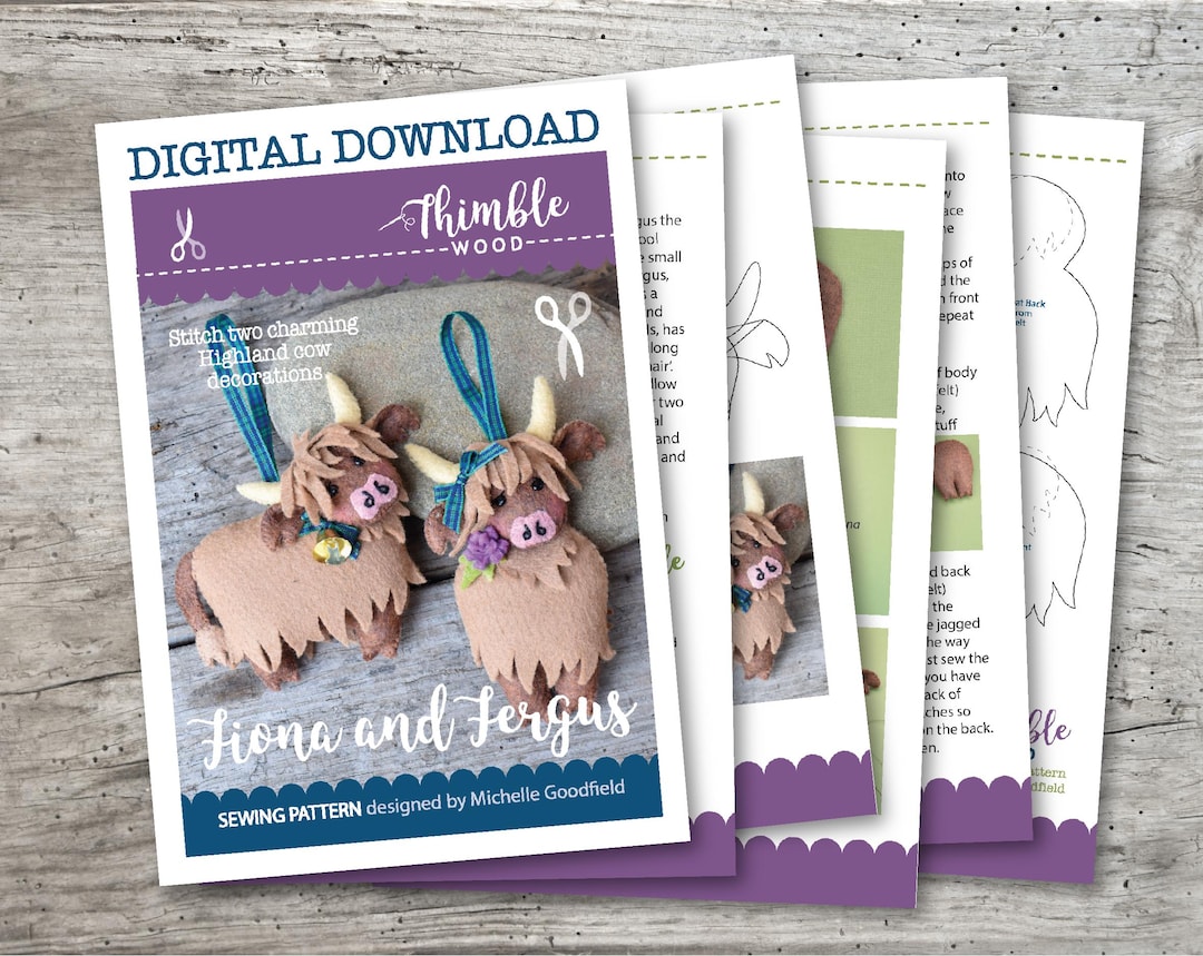 PDF PATTERN - Fergus and Fiona - Sew Two Felt Highland Cow Decorations ...