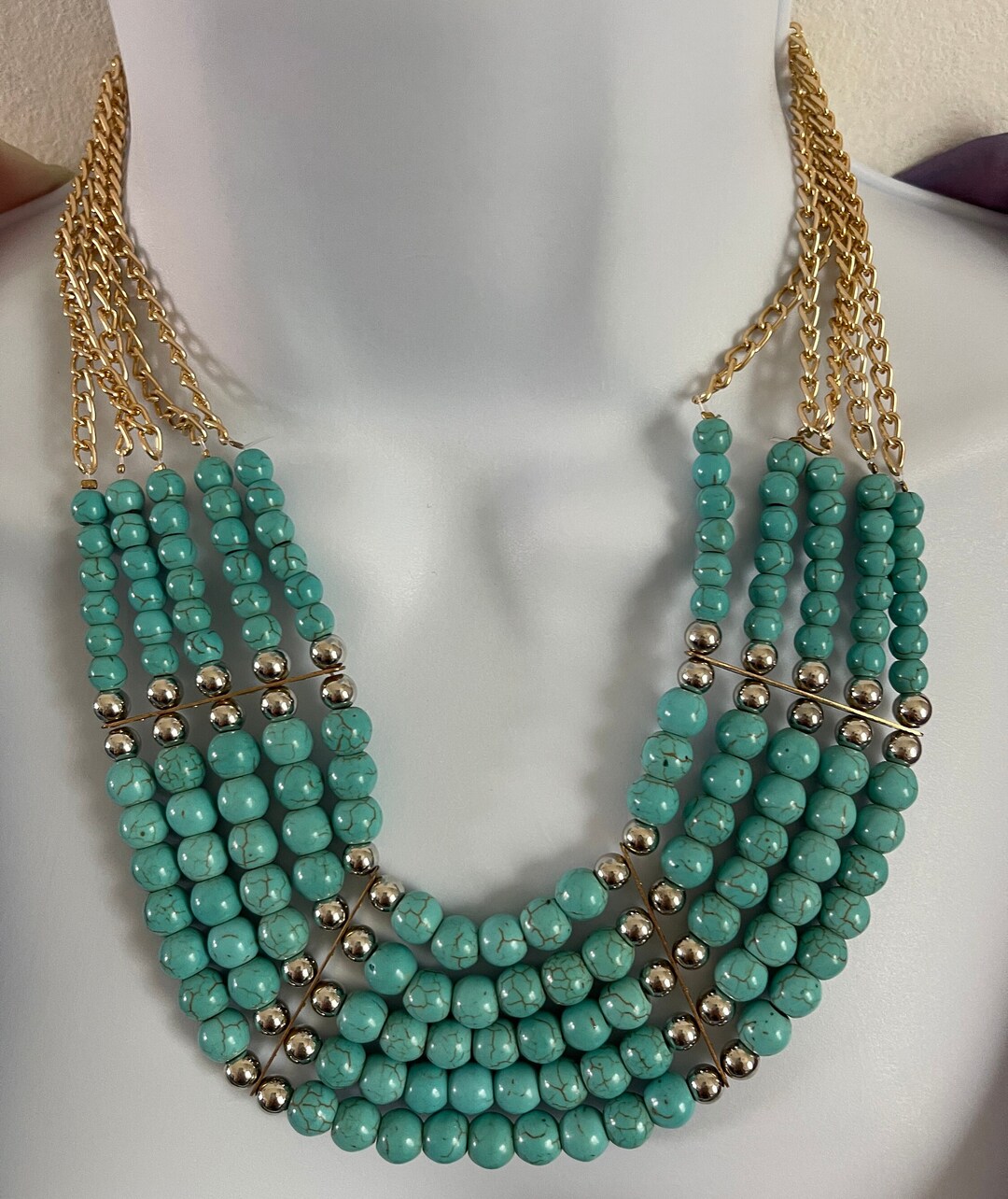Blue Gold Necklace Blue Faux Turquoise Gold Tone Metal Beads 5 - Etsy