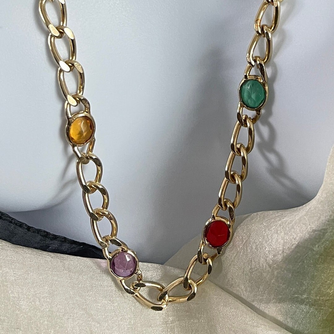 Color Crystal Chain 2 Sides Multi Color Glass Gold Tone Metal Chain ...