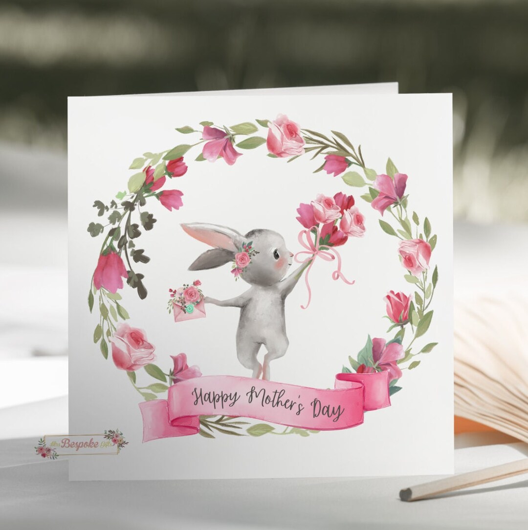 Happy Mother's Day Bunny Wreath Card - Etsy