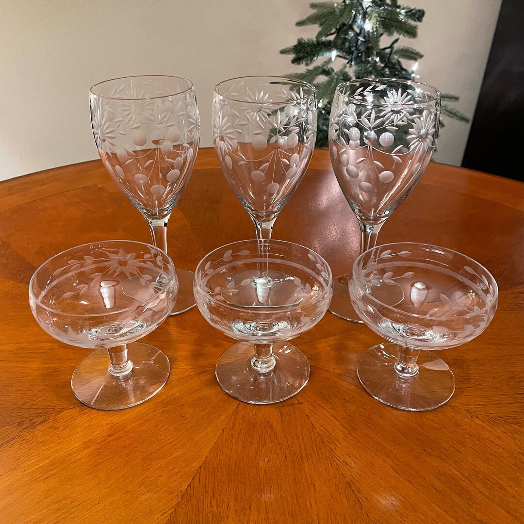 Antique 1920's Etched Glass Wine Glasses and Dessert Cups/champagne ...