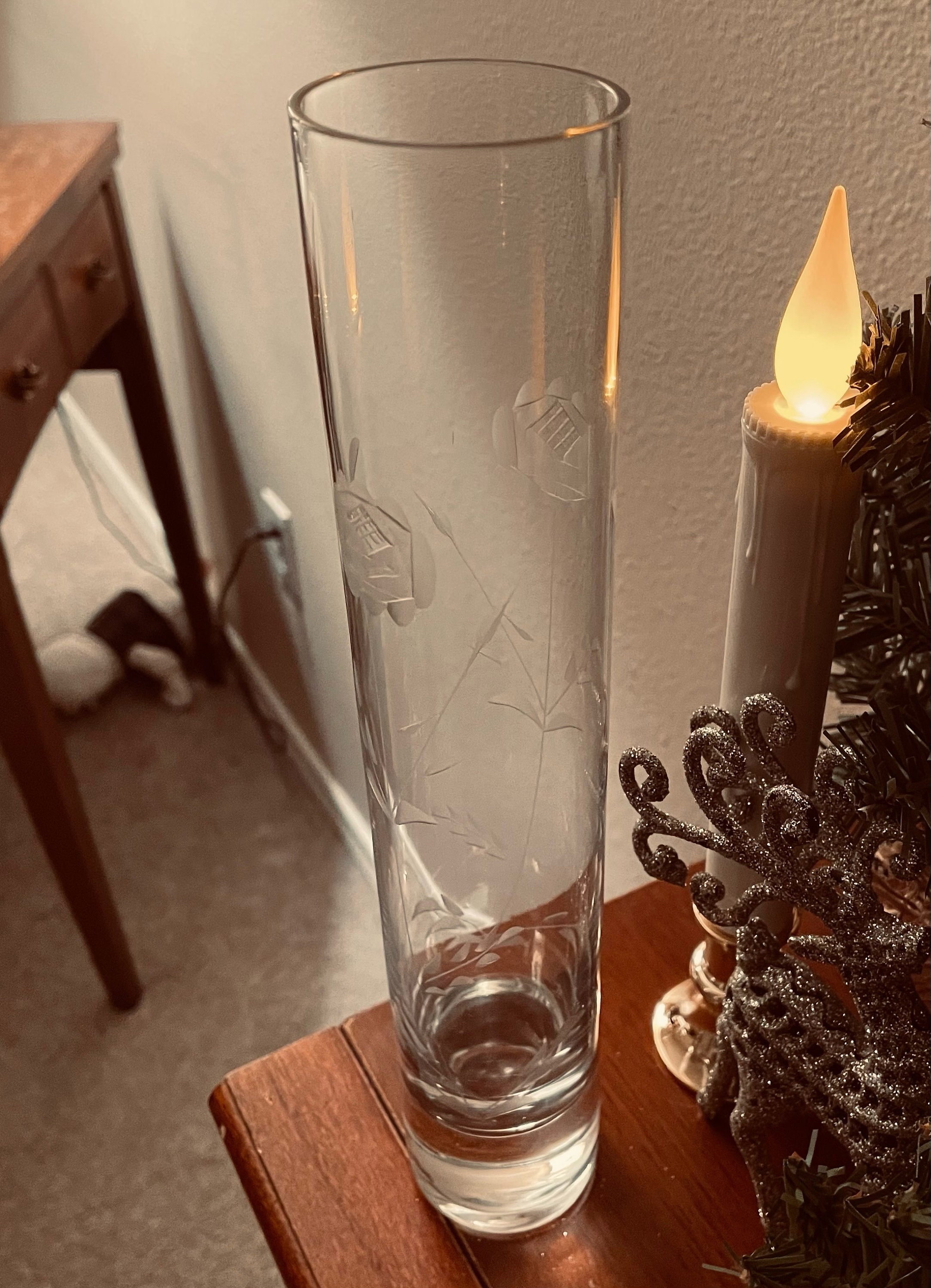 Vintage Etched Tall Glass Bud Vase Etsy