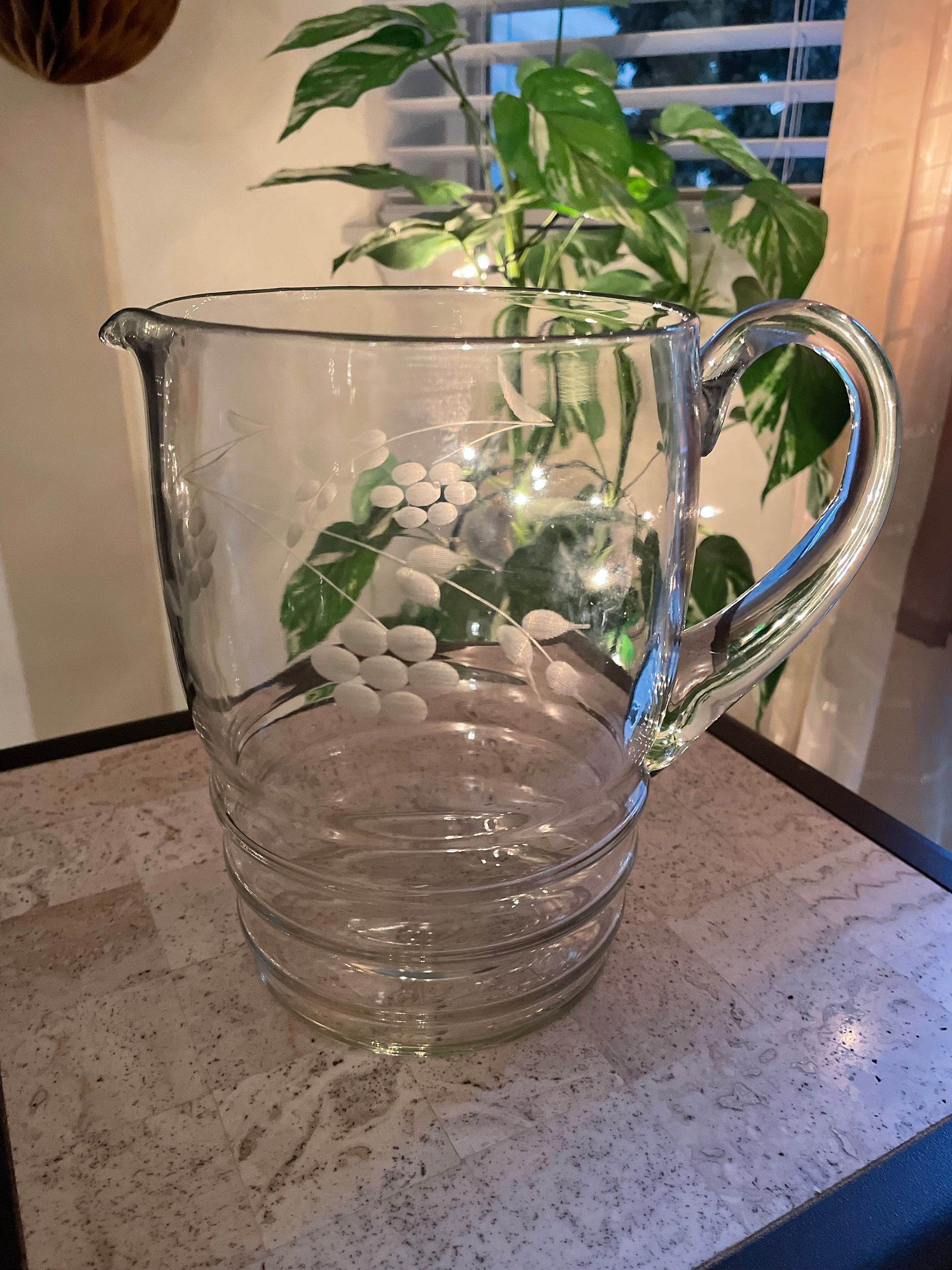Vintage Etched Glass Pitcher With Berry/vine Design - Etsy