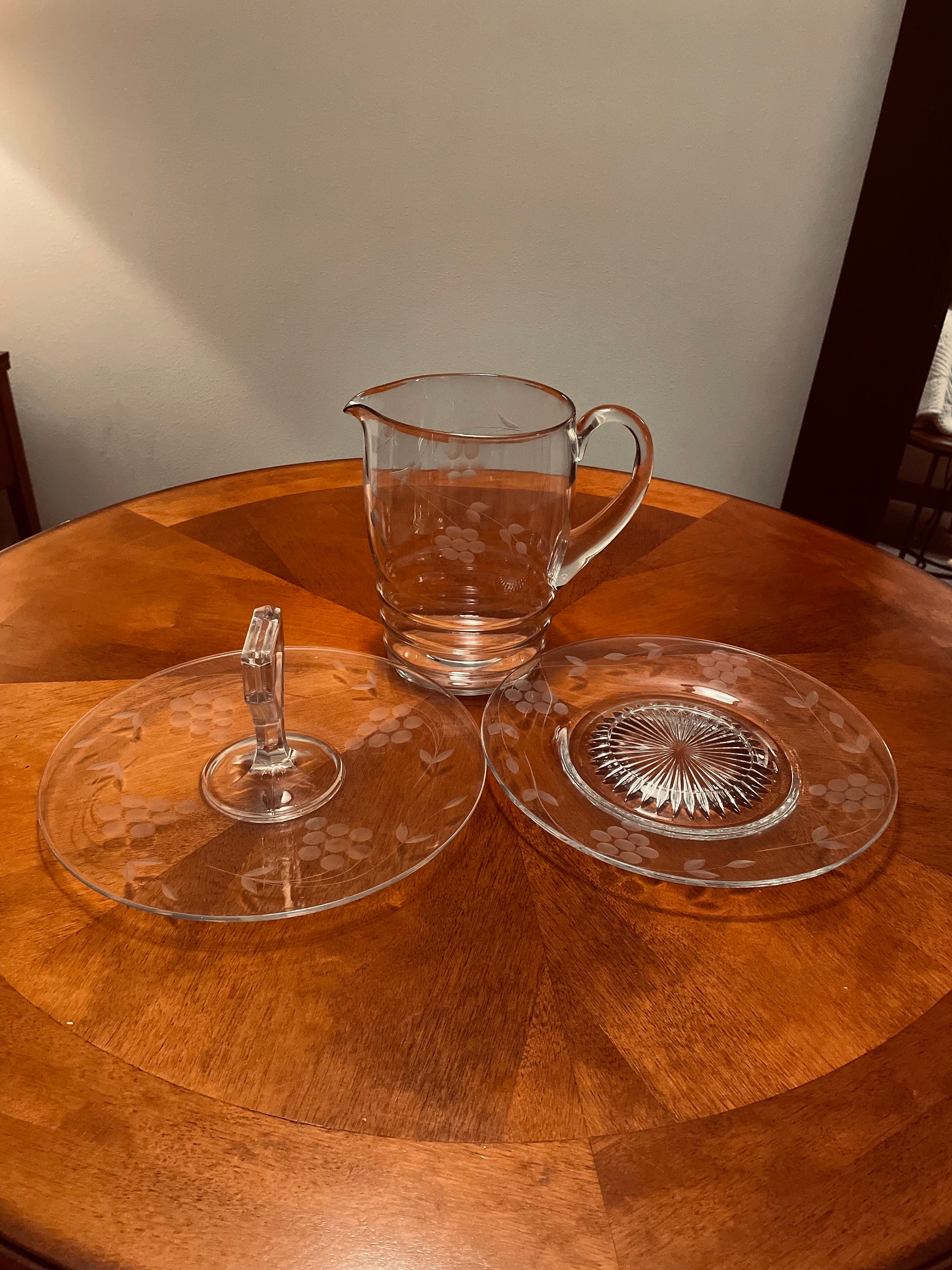 Vintage Etched Glass Pitcher With Berry/vine Design - Etsy