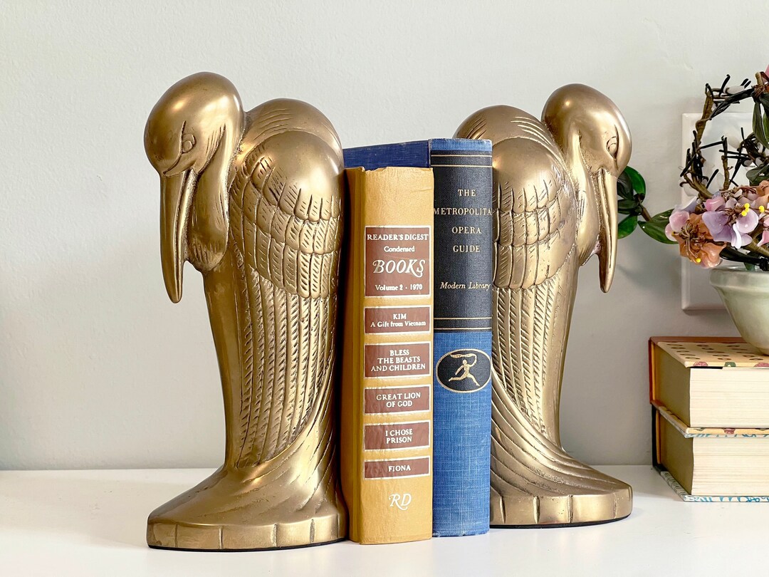 Vintage Brass Art Deco Style Pelican / Egret Bookends | 9.5" Tall by 3 ...