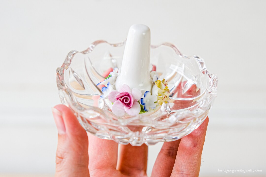 Glass Ring Dish With Ceramic Flower Accents for Jewelry Storage and ...