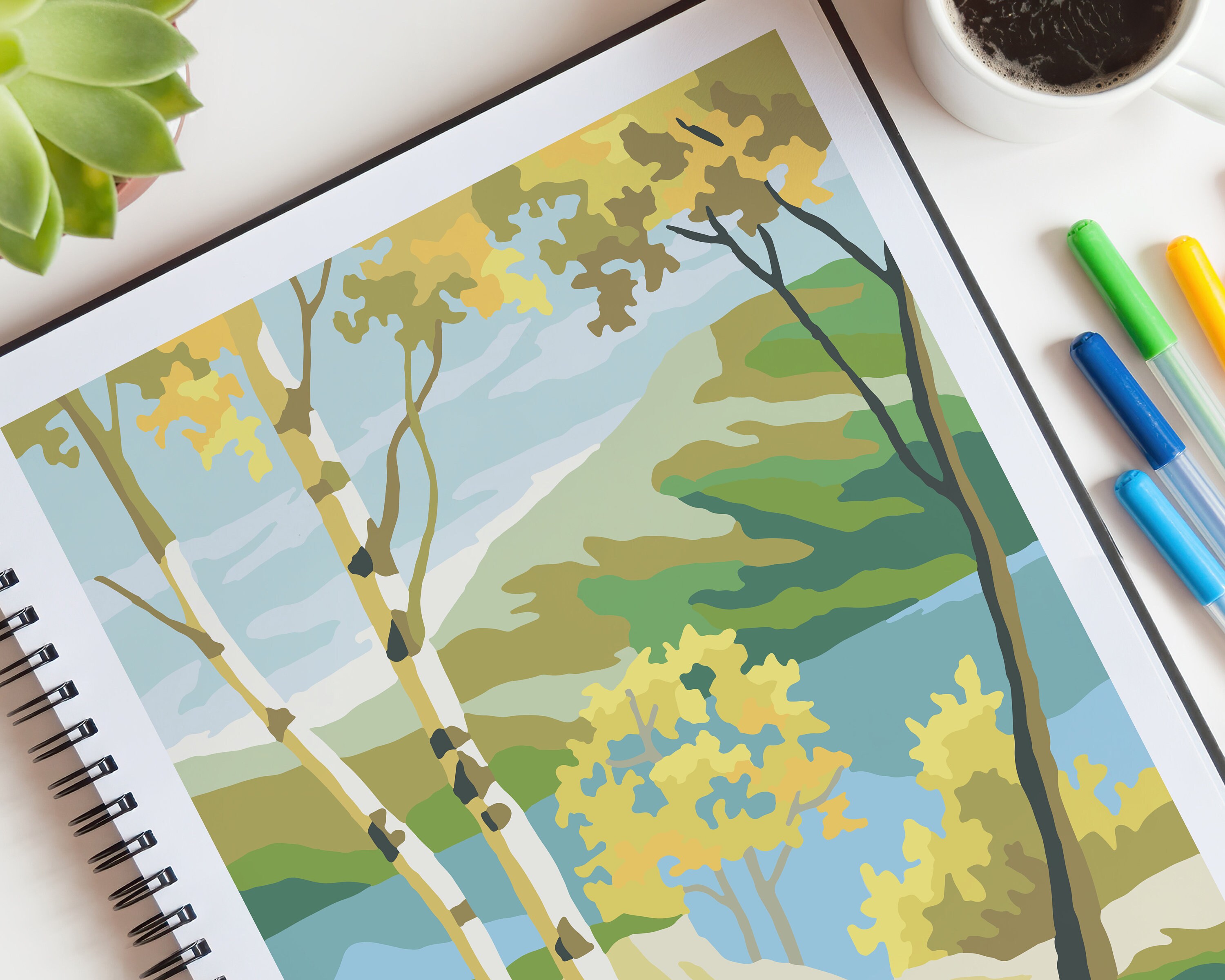DOWNLOAD Color by Numbers Birch Trees Near a Lake Coloring - Etsy
