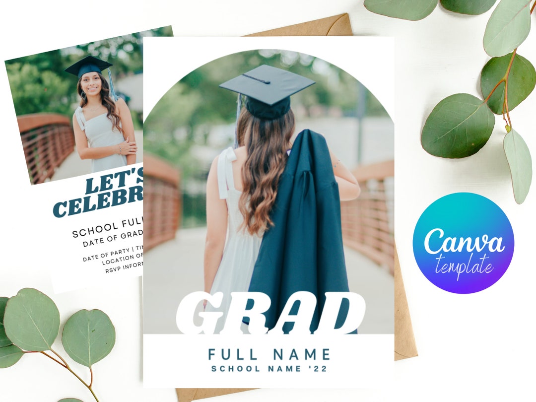 Navy Graduation Announcement Card Canva Template | Editable Graduation ...