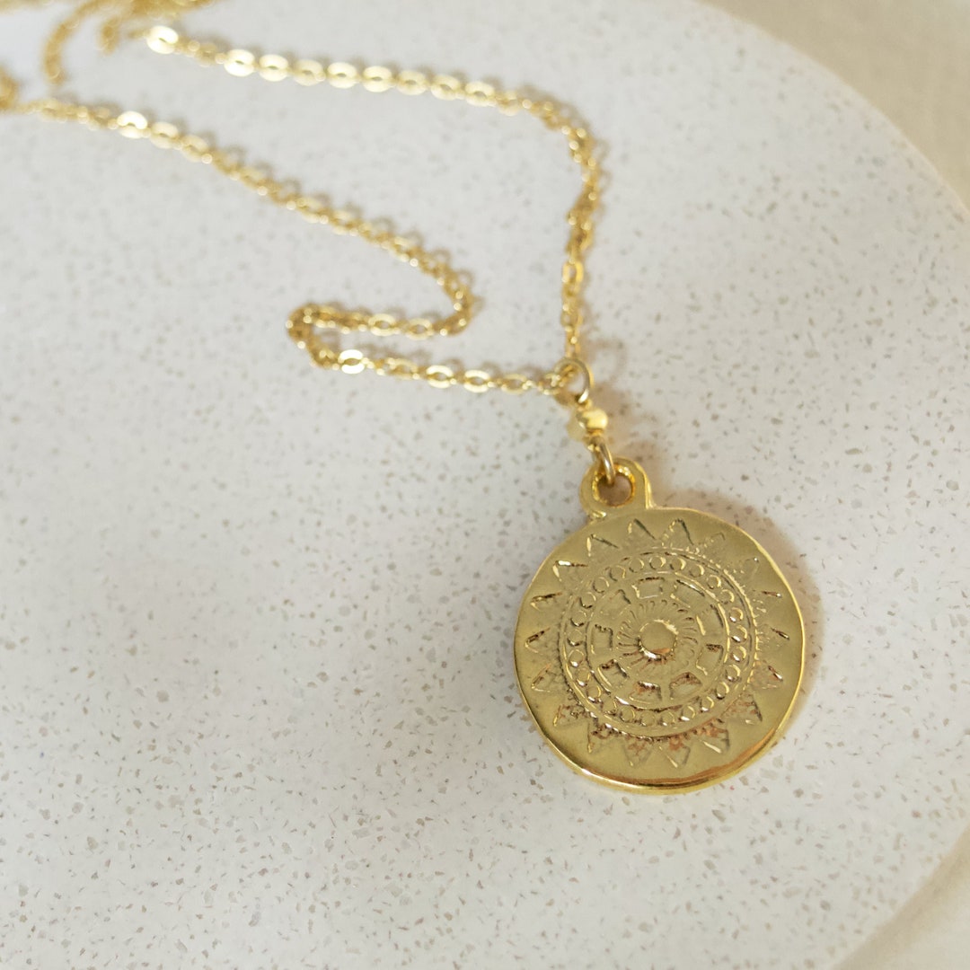 Sun Coin Necklace, Aztec Medallion Coin Necklace, Gold Plated Boho ...