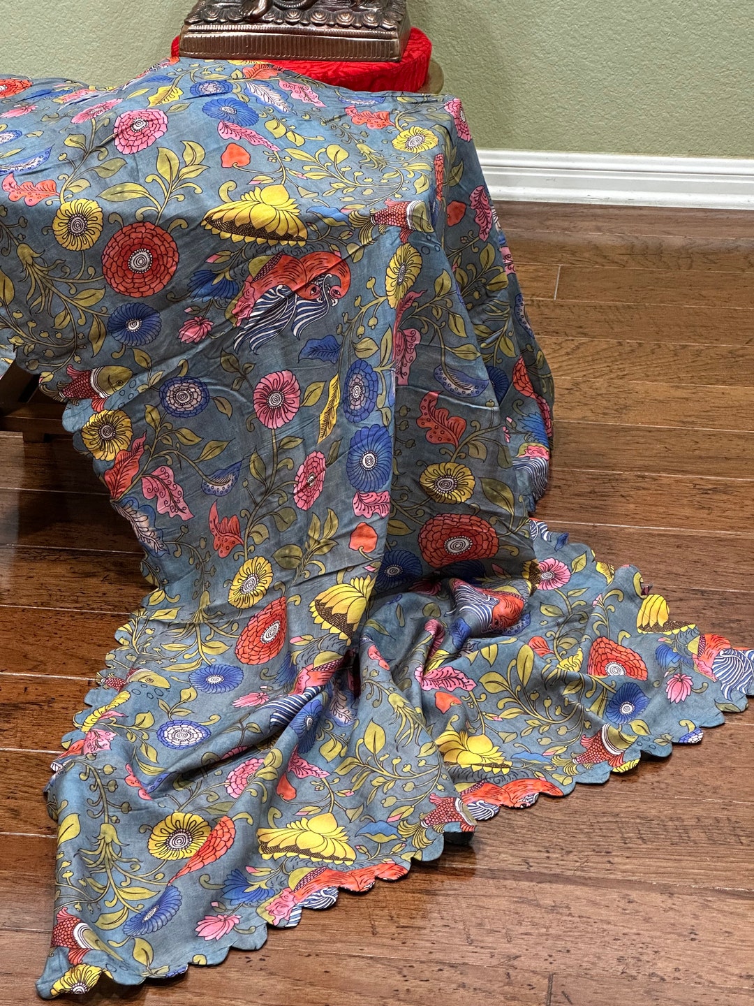 Kalamkari Lehenga Half Saree Langa Voni Mehendi Outfit Red Lehenga ...