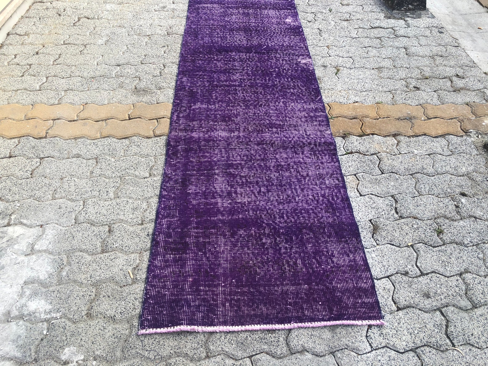 Purple Runner Rug, Overdyed Turkish Rug, 10.2 X 2.3 Feet, Handmade Wool ...