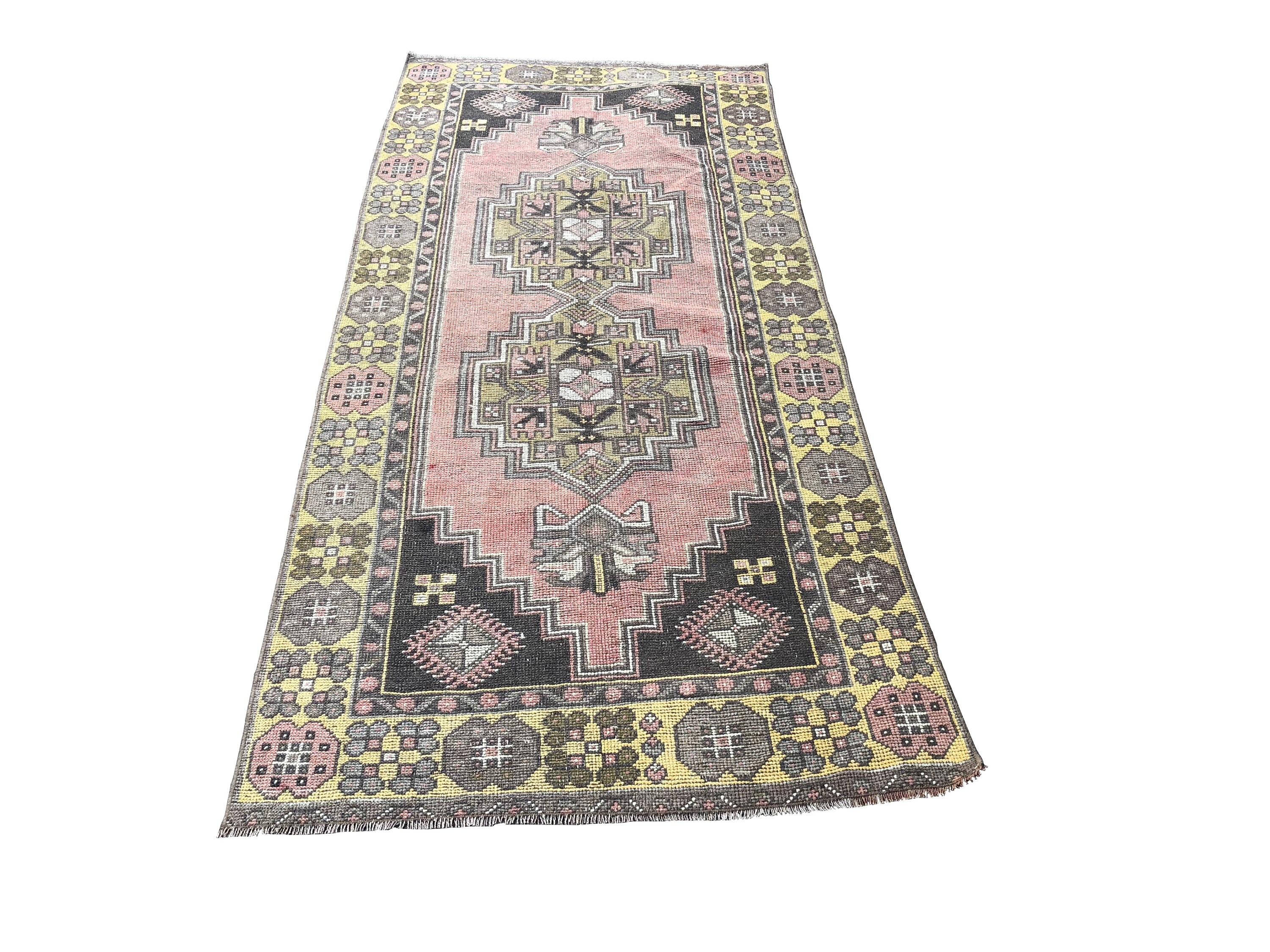 Pink-blue Turkish Rug, Vintage Area Rug, 7.5 X 3.4 Feet Area Rug, Faded ...