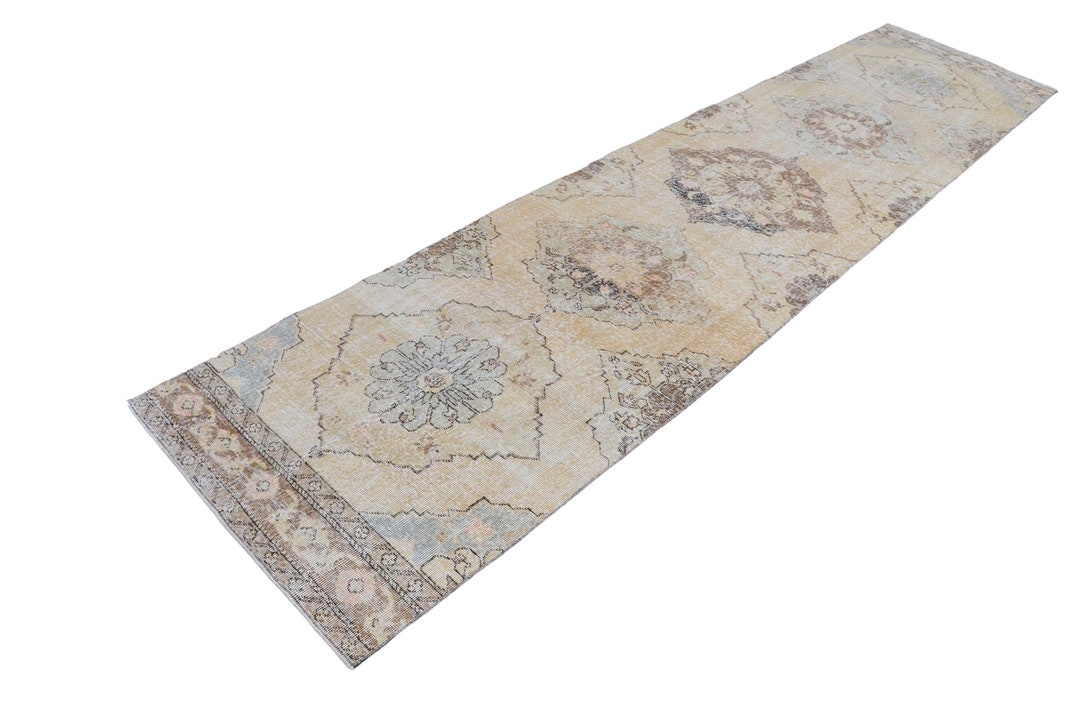 Hand Knotted Vintage Runner, Long Runner, 3x13 Oushak Runner, Neutral ...