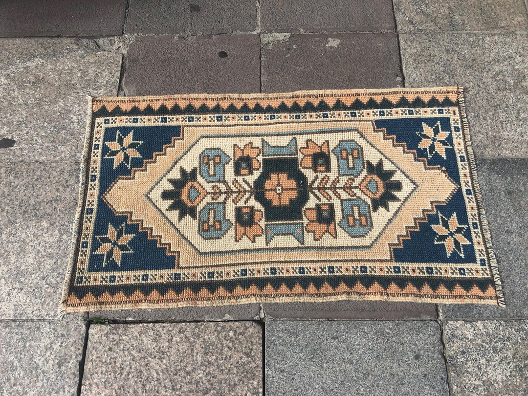 Beige-blue Turkish Small Rug 3.2 X 1.9 Feet Handmade Wool - Etsy