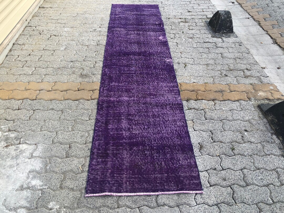 Purple Runner Rug, Overdyed Turkish Rug, 10.2 X 2.3 Feet, Handmade Wool ...