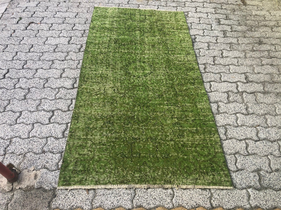 Green Overdyed Rug, Vintage Runner Rug, Turkish Wool Rug, Decorative ...