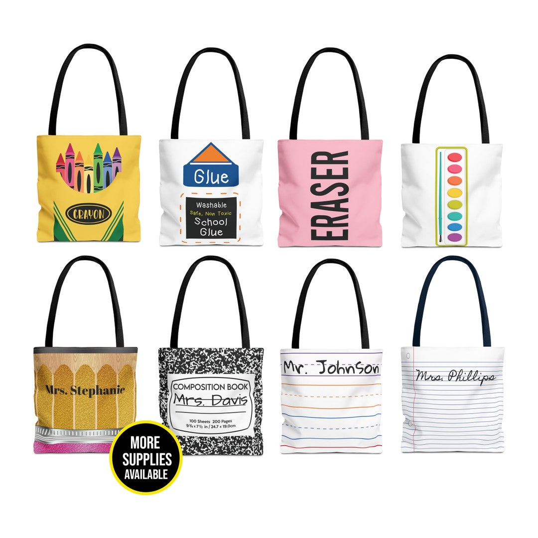 Personalized School Supplies Teachers Tote Bags, Crayon Pencil Glue ...