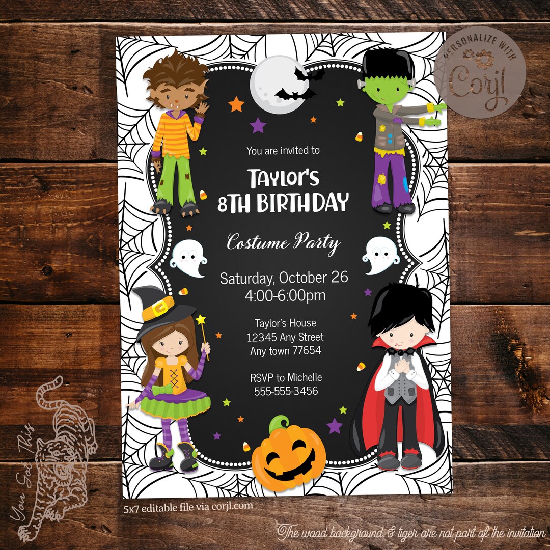 Editable Kids Halloween Birthday Costume Party Invitation, 5x7 Invite ...